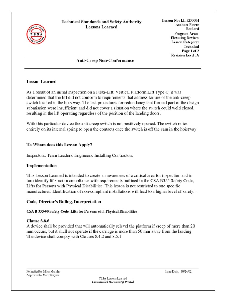 Technical Standards and Safety Authority Lessons Learned | PDF ...