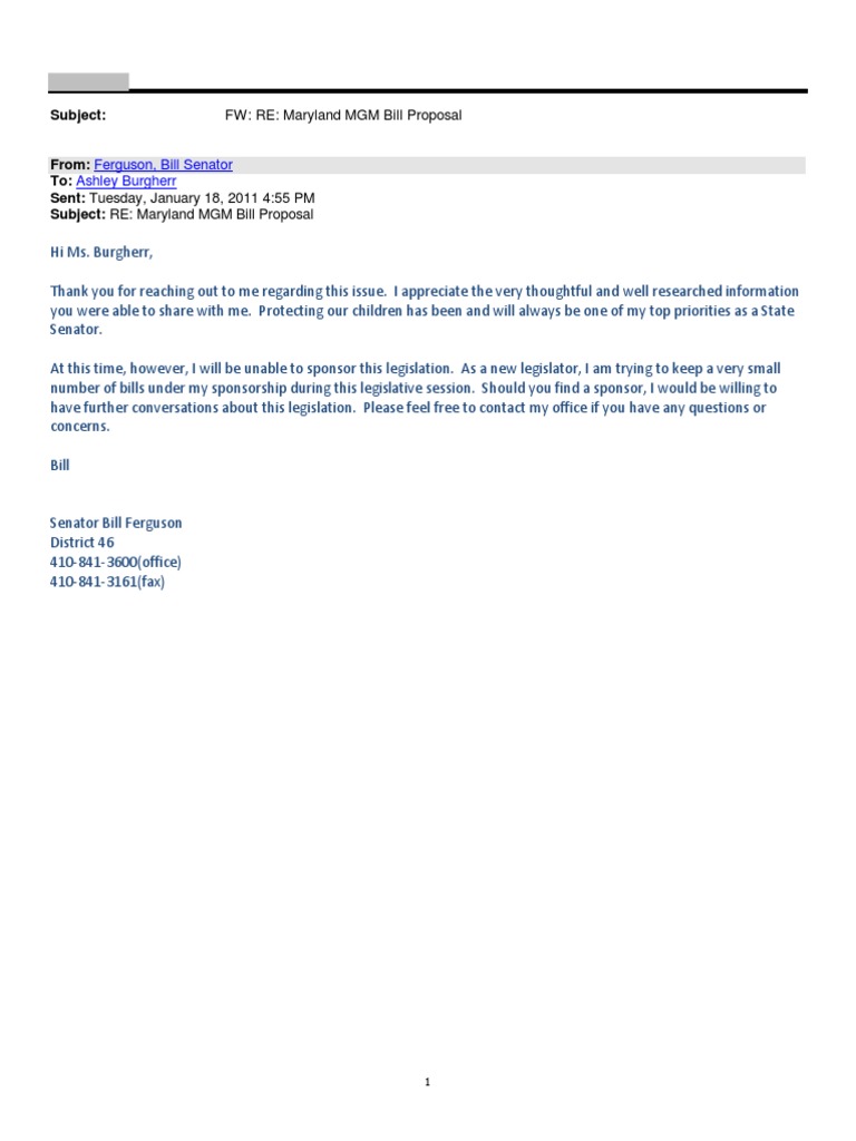 Ferguson, Bill Senator Ashley Burgherr: FW: RE: Maryland MGM Bill ...
