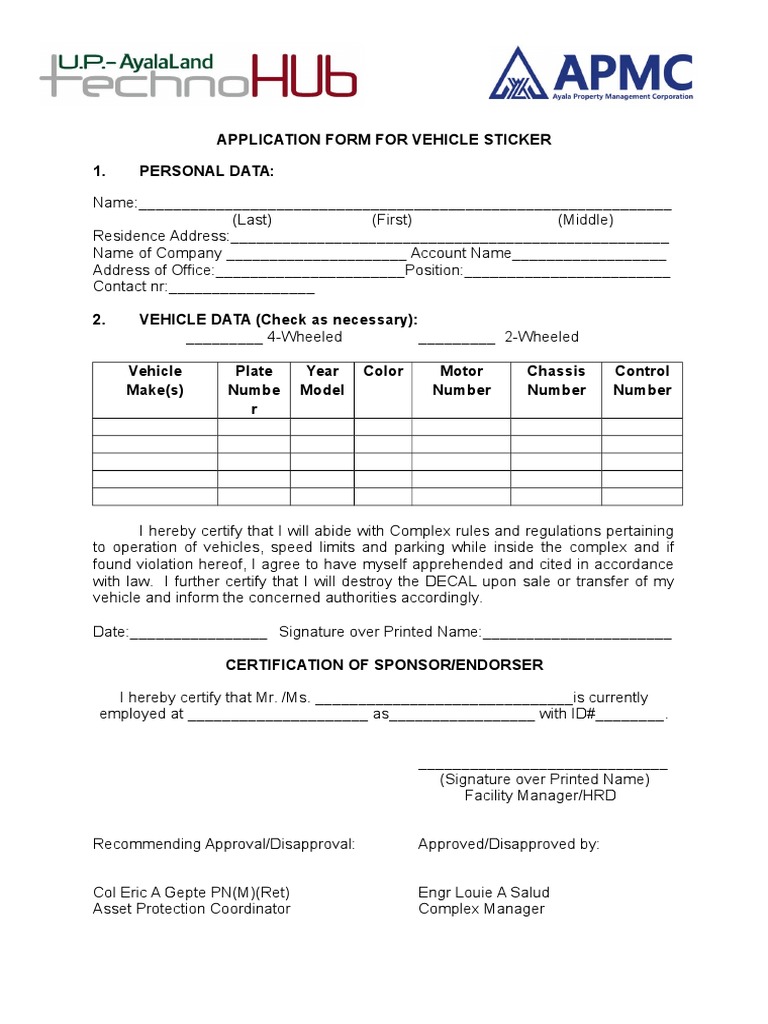 Vehicle Sticker Application Form | PDF