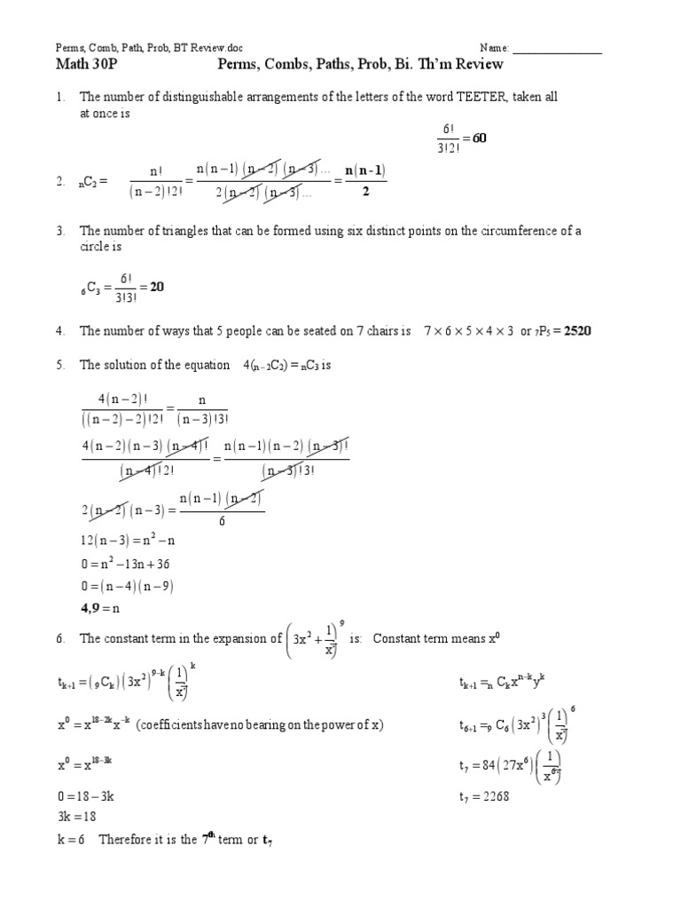 Perms, Comb, Path, Prob, BT Review - Key | PDF | Exponentiation | Algebra