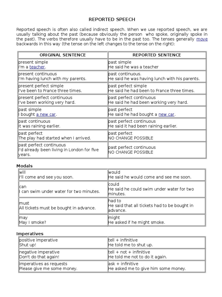 Reported Speech Handout | PDF | Languages | Language Arts & Discipline