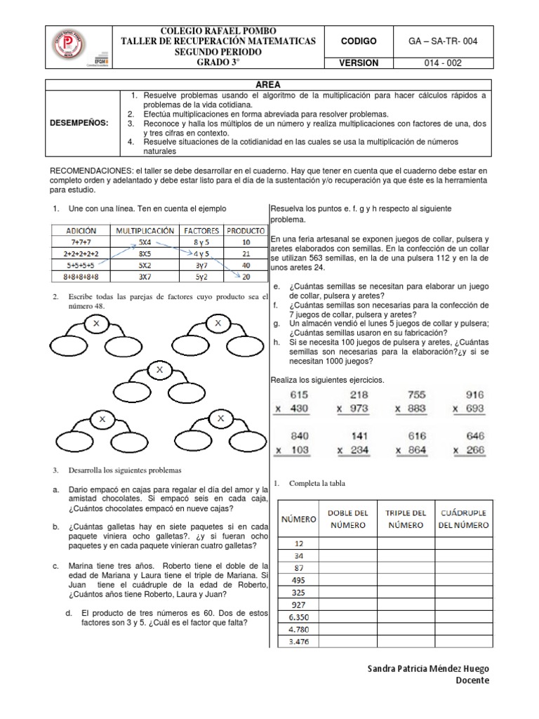 Taller de Matemáticas para Grado 3 y 4 | PDF | Multiplicación | Vino