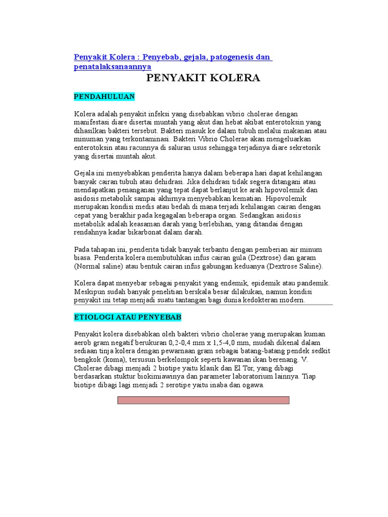 Penyakit Kolera Penyebab, Gejala, Patogenesis Dan Penatalaksanaannya | PDF