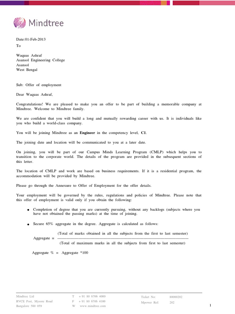 Mindtree Offer Letter | Download Free PDF | Insurance | Employment