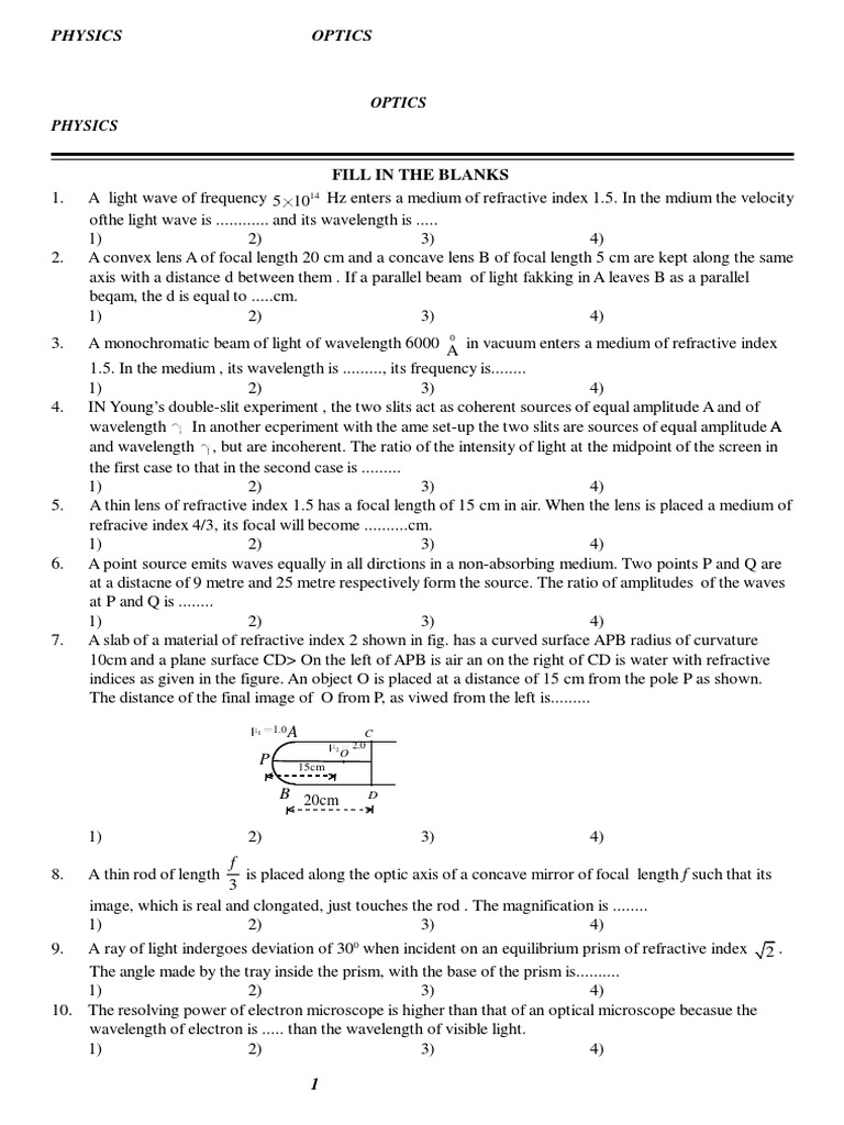 Fill in The Blanks: Physics Optics | PDF