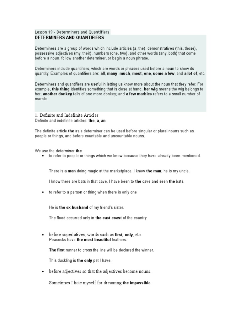 Lesson 19 - Determiners and Quantifiers Explained | PDF | Grammatical Number | Noun
