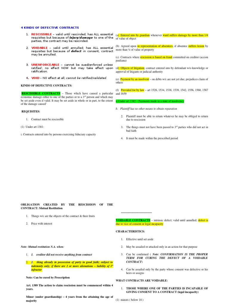 Types of Defective Contracts Explained | PDF | Annulment | Laches (Equity)