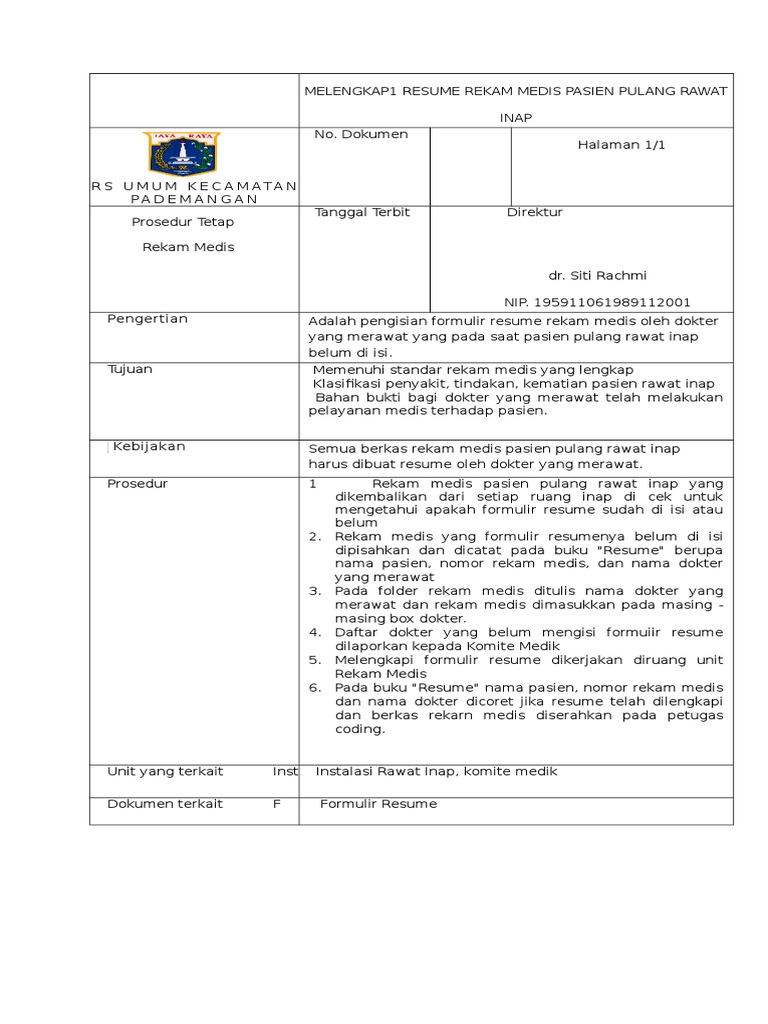 Melengkap1 Resume Rekam Medis Pasien Pulang Rawat Inap | PDF