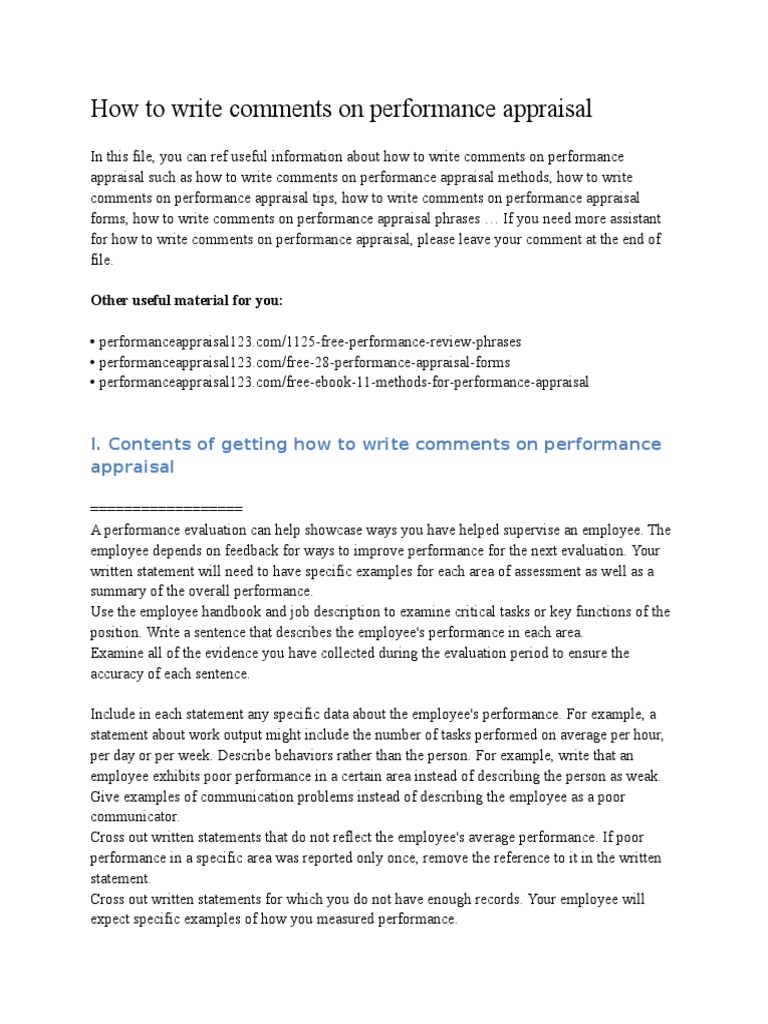 How To Write Comments On Performance Appraisal | PDF | Performance ...