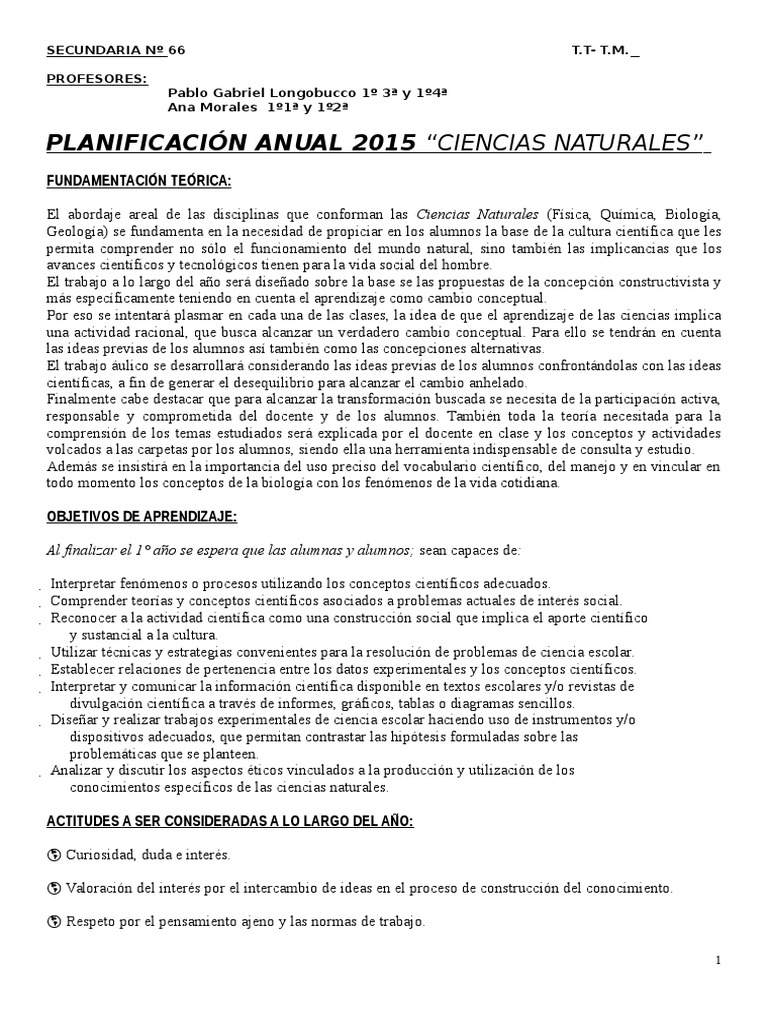 Planificación Anual Ciencias Naturales 1º Año | PDF | Science ...