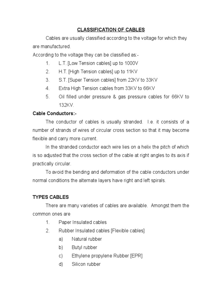 Classification of Cables Slides | PDF | Cable | Insulator (Electricity)