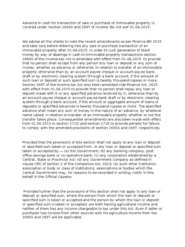 Advance in Cash For Transaction of Sale or Purchase of Immovable ...