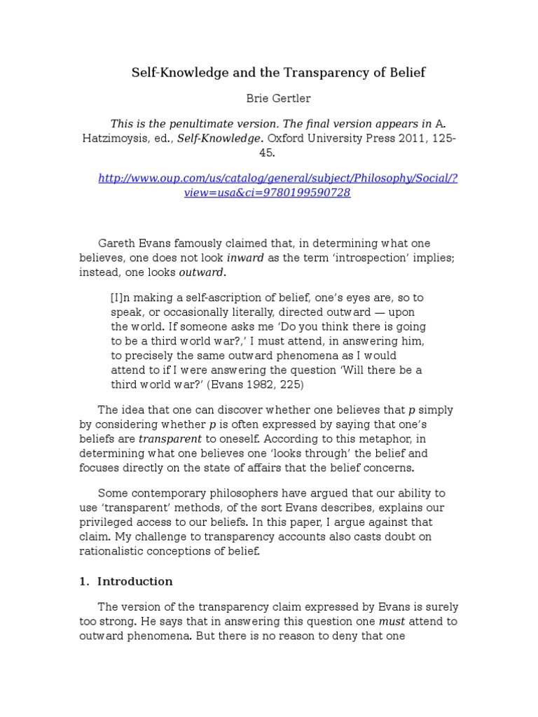 Self-Knowledge and The Transparency of Belief: This Is The Penultimate ...