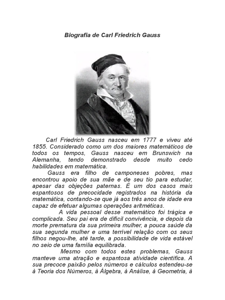 Biografia de Carl Friedrich Gauss | PDF | Flutuabilidade | Ensino de ...