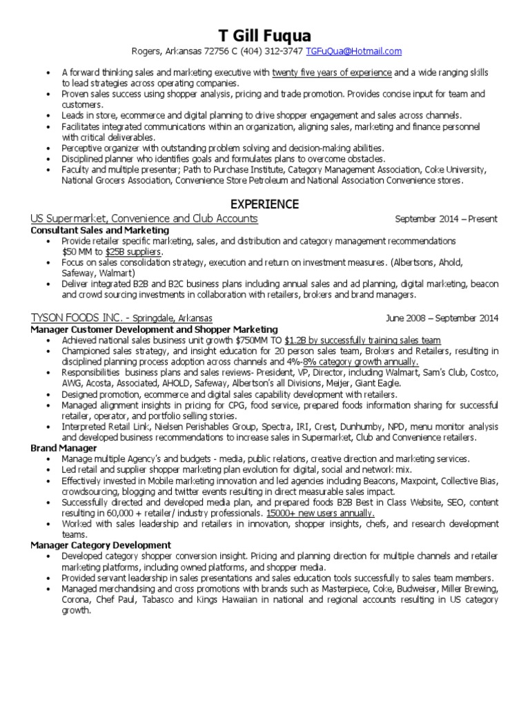 Senior Manager Sales CPG in USA Resume T Gill Fuqua | Sales | Retail