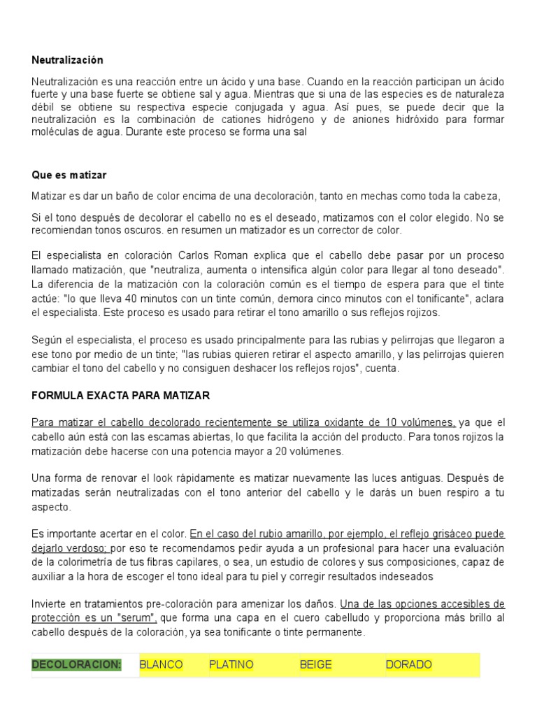 Neutralización y Matización del Cabello | PDF | Color | Sal (química)