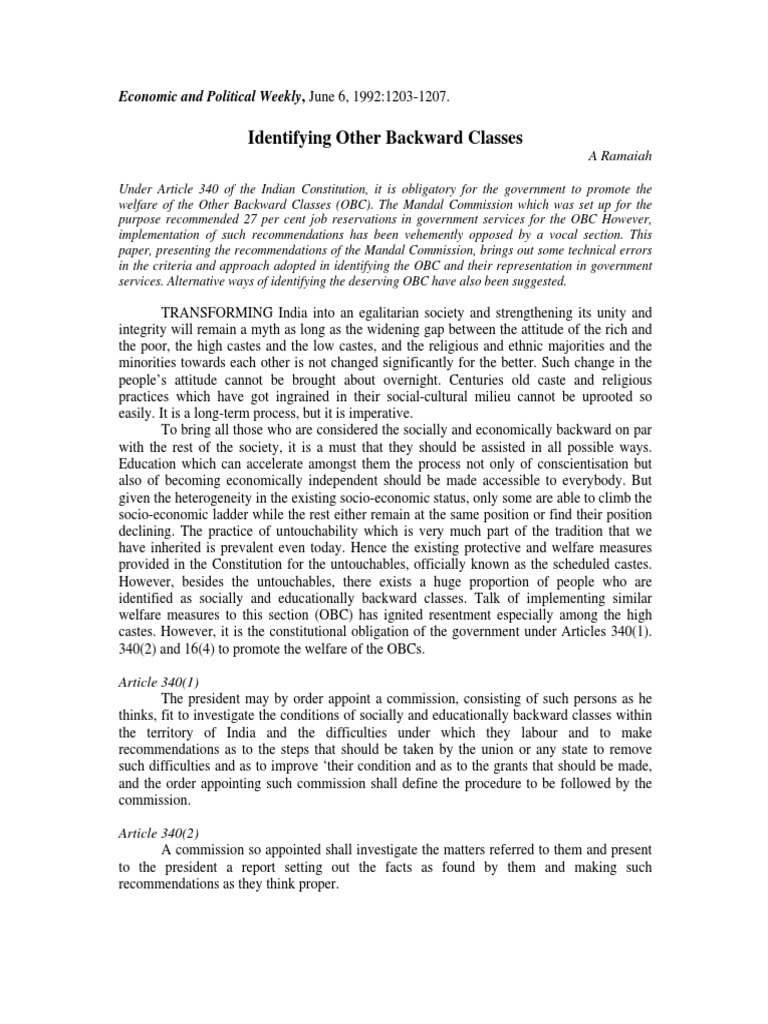 Identifying Other Backward Classes: A Ramaiah | PDF | Social Inequality ...