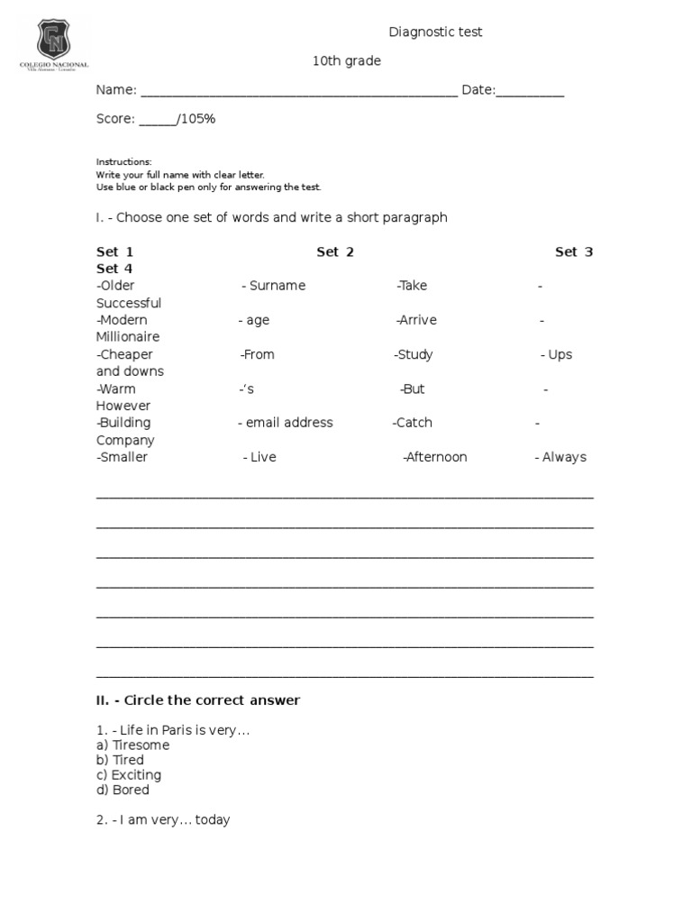 Diagnostic Test (10th Grade) | PDF
