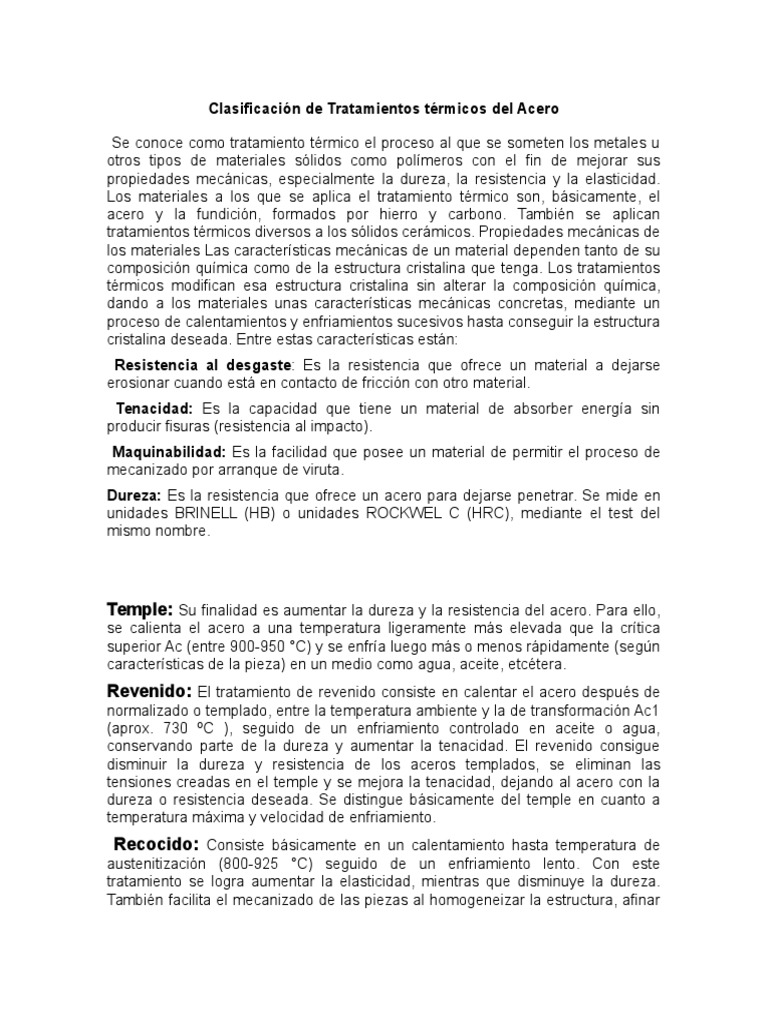 Clasificación de Tratamientos Térmicos Del Acero | PDF | Tratamiento a base de calor | Acero