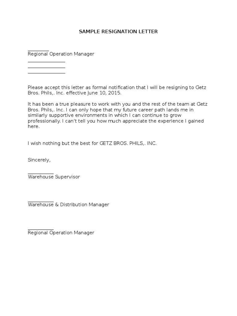Sample Resignation Letter