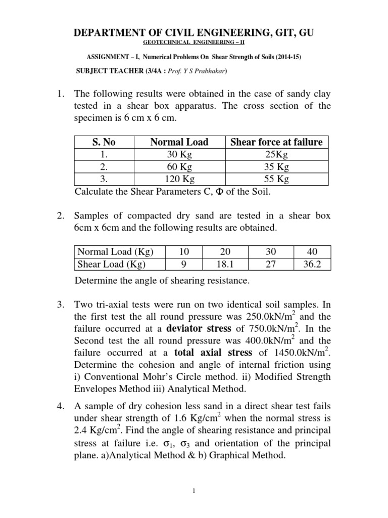 Assignment - 1 Dec-2014, Unit-I, Shear Strength GTE-2 | PDF | Stress (Mechanics) | Strength Of ...
