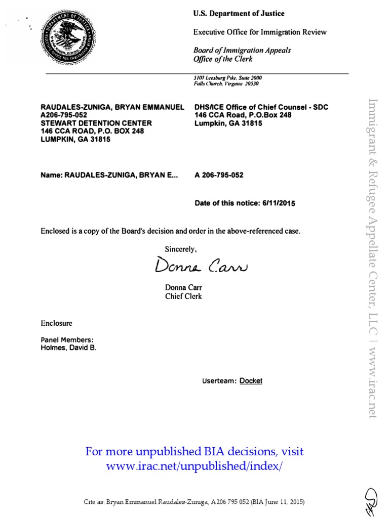 Bryan Emmanuel Raudales-Zuniga, A206 795 052 (BIA June 11, 2015) | PDF ...