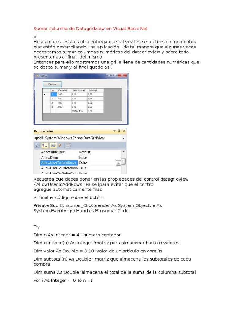 Sumar Columna de Datagridview en Visual Basic Net | PDF | Tabla (base de datos) | Básico