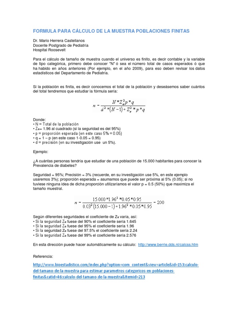Fórmula para Cálculo de La Muestra Poblaciones Finitas | PDF ...