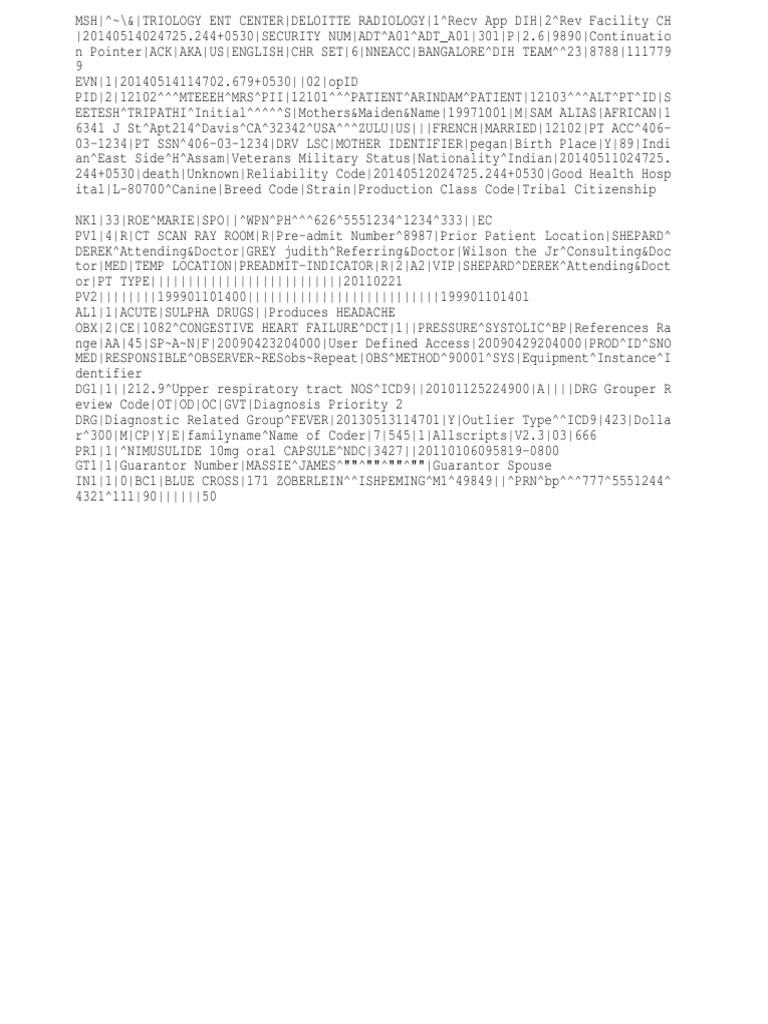 Admit Patient - Sample HL7 File