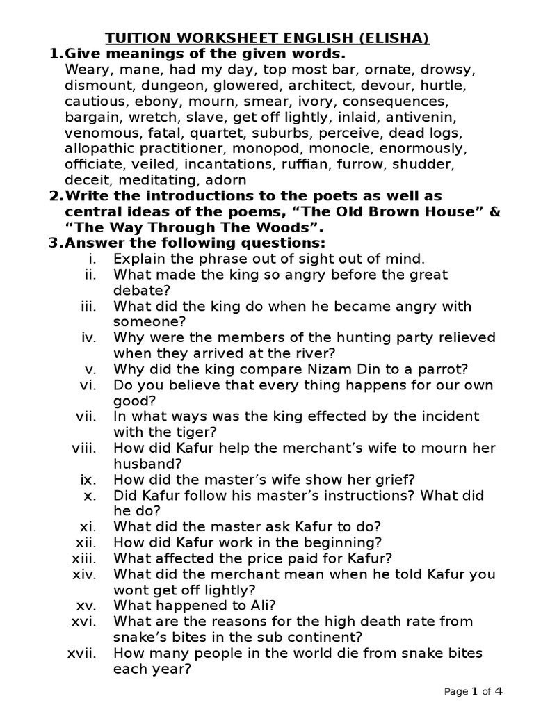 Tuition Worksheet English (Elisha) 1.give Meanings of The Given Words | PDF