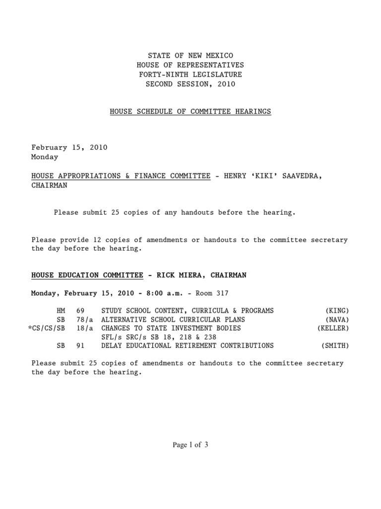 New Mexico House Committee Hearings Schedule | PDF