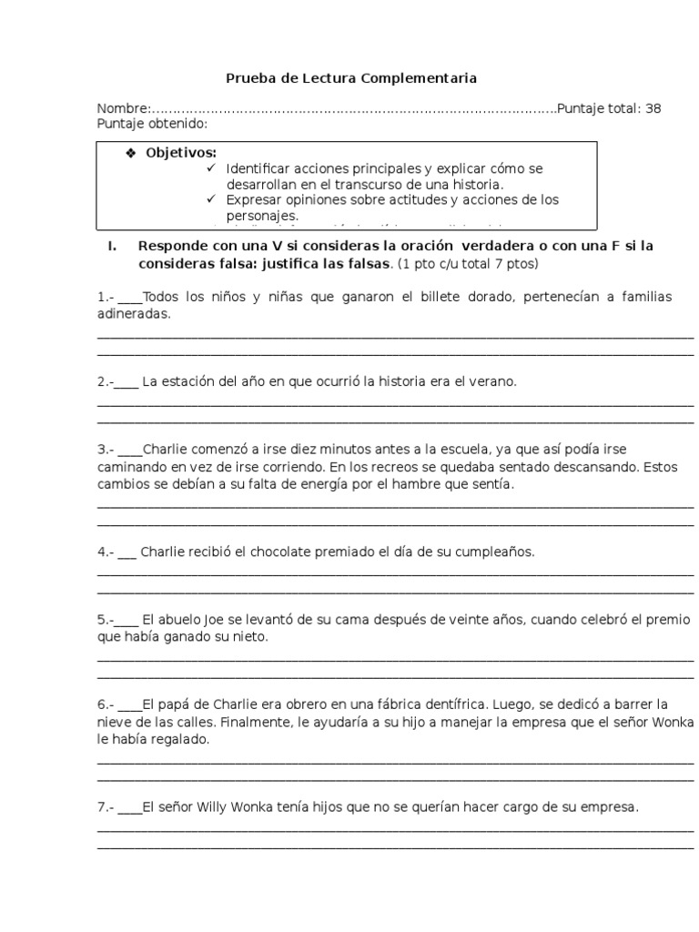 Prueba de Charlie y la fábrica de chocolate | PDF | Viajes y turismo ...