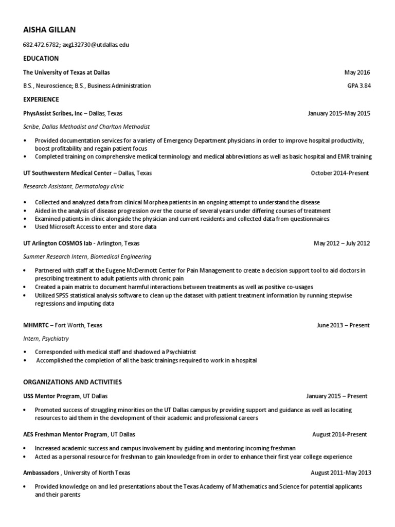 Aisha Gillan Resume | PDF | University Of Texas At Dallas | University Of Texas At Austin