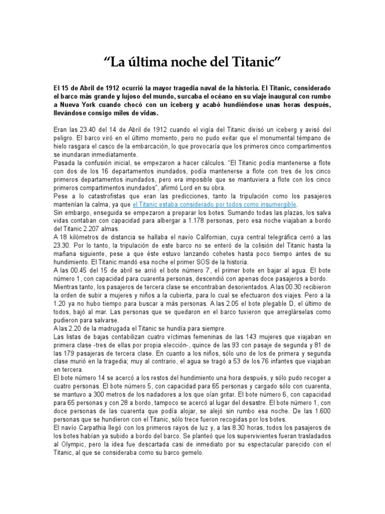 La Última Noche Del Titanic | PDF | Rms Titanic | Incidentes Maritimos