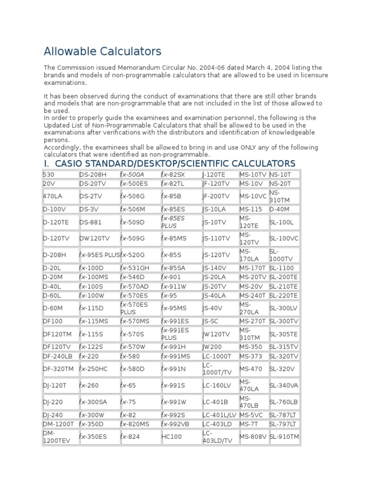 Allowable Calculators: I. Casio Standard/Desktop/Scientific Calculators | PDF | Hardware | Business