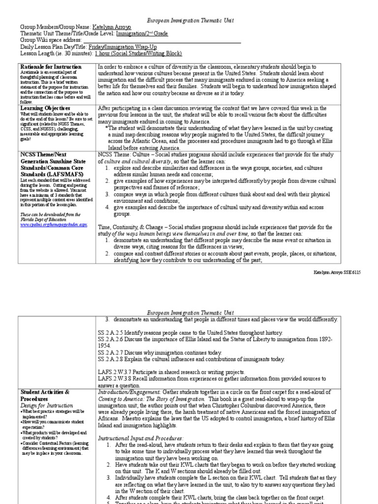 Immigration Unit for 2nd Grade Students | PDF | Lesson Plan ...