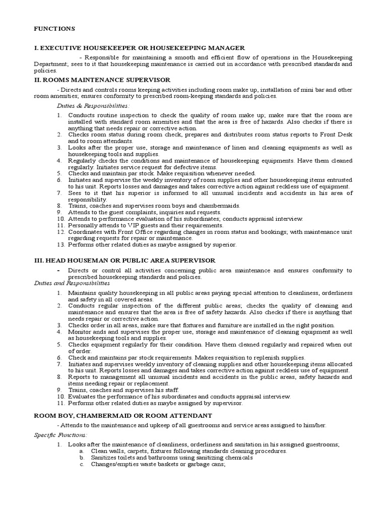 Functions of Housekeepers | PDF | Housekeeping | Toilet