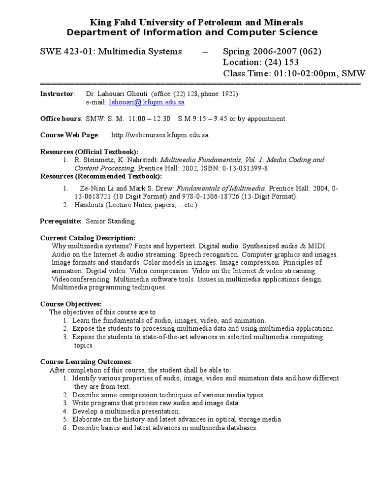SWE423 Syllabus 062 | PDF | Multimedia | Data Compression