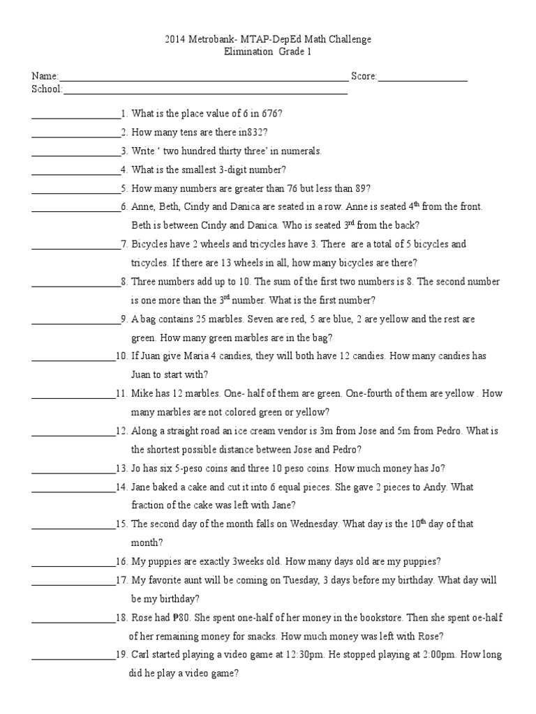 Math Challenge Reviewer Grade 1 | Leisure | Mathematics