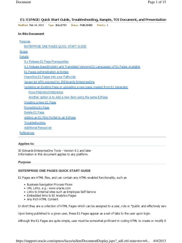 E1: E1PAGE: Quick Start Guide, Troubleshooting, Sample, TOI Document ...