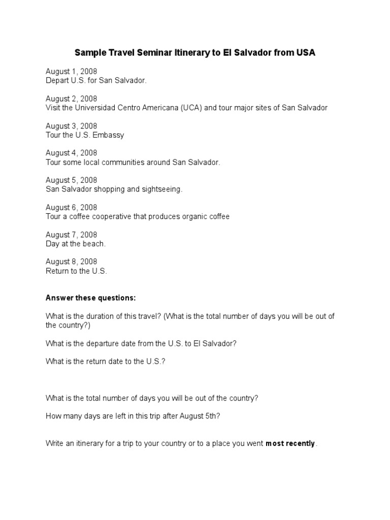 Sample Travel Seminar Itinerary To El Salvador From USA: Answer These ...