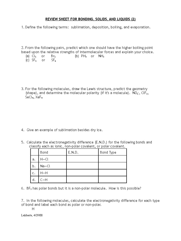 Review Bonding Solids and Liquids L2 | PDF | Chemical Polarity ...