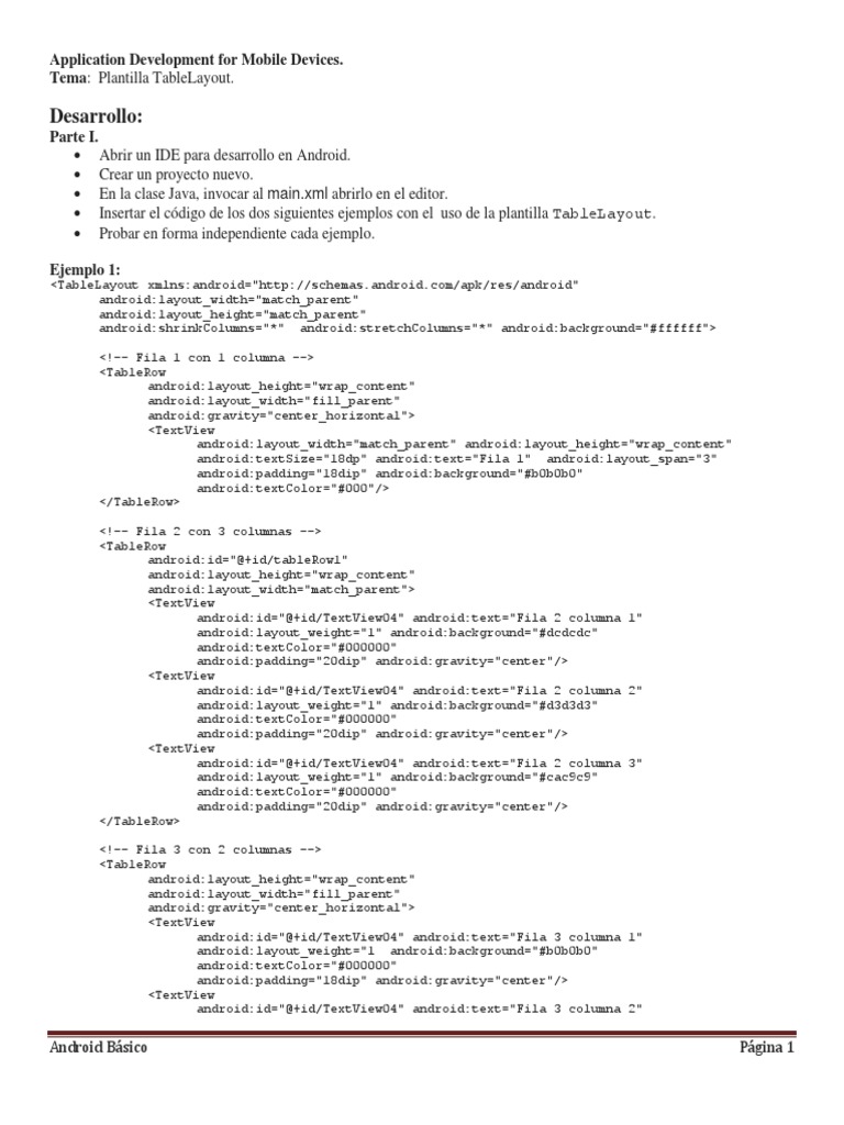 Desarrollo Application Development For Mobile Devices Tema Plantilla Tablelayout Pdf