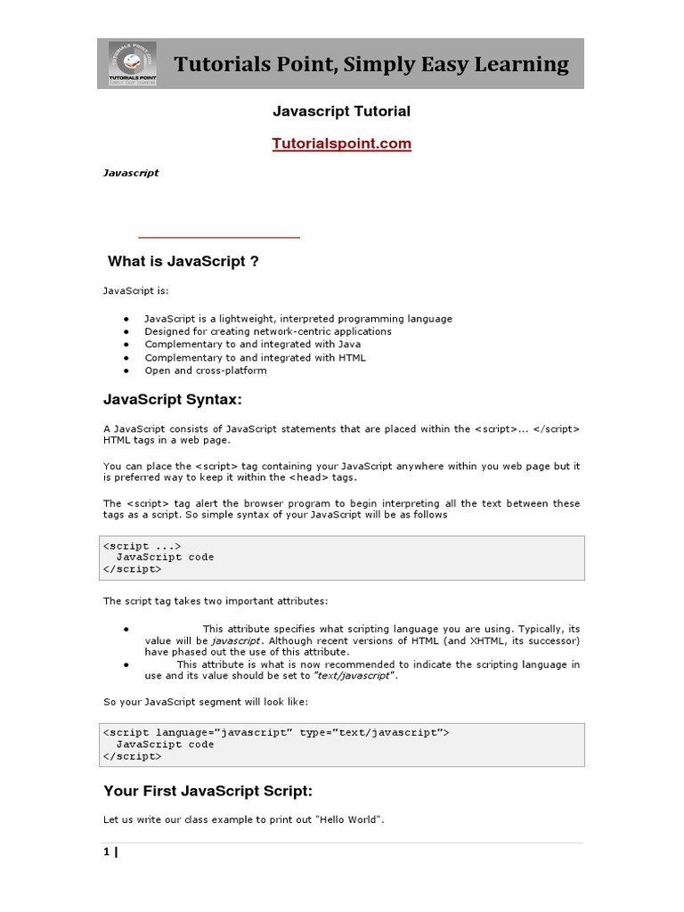 Tutorials Point, Simply Easy Learning: Javascript Tutorial | PDF ... Tutorials Point, Simply Easy Learning: Javascript Tutorial | PDF ...