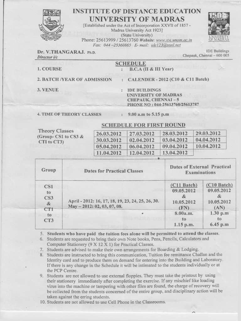 BCA Class Schedule 2012 - University of Madras | PDF | Science ...