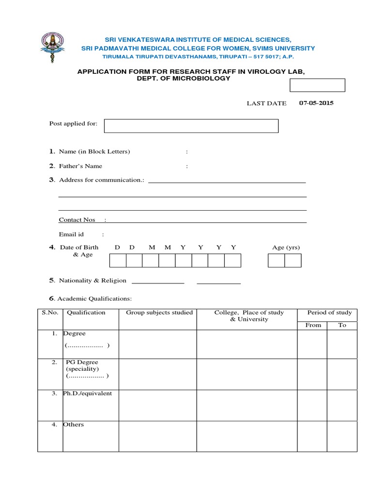 Application Form For Research Staff in Virology Lab, Dept. of ...