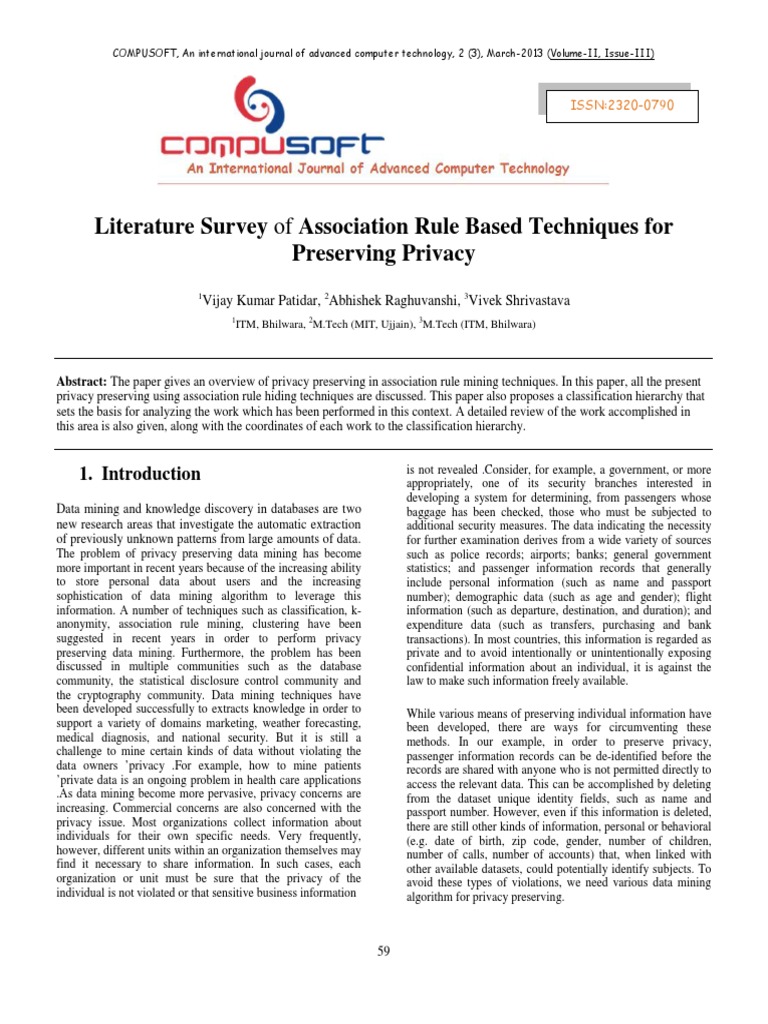Literature Survey of Association Rule Based Techniques For Preserving Privacy | PDF | Data ...