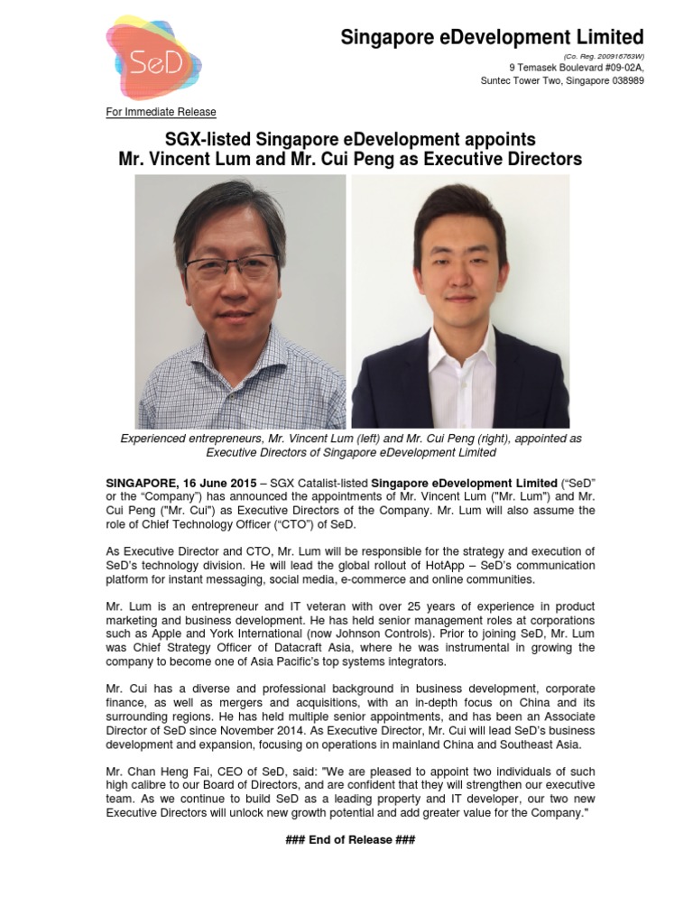 SGX - Listed Singapore Edevelopment Appoints Mr. Vincent Lum and Mr ...
