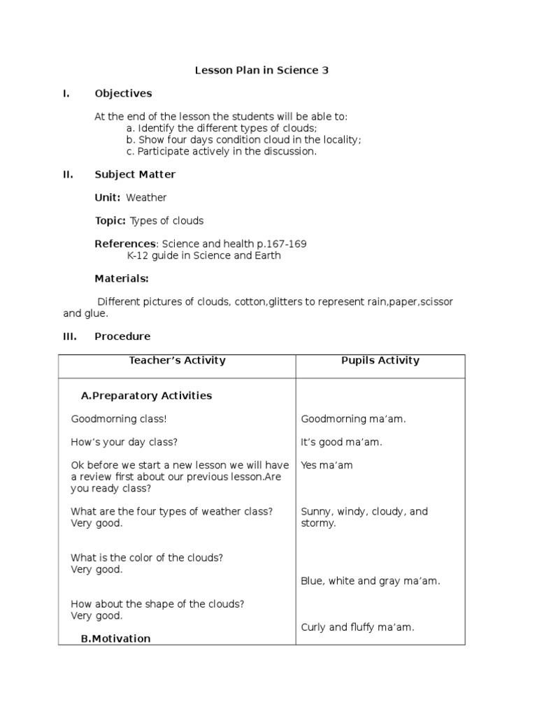 Types of Clouds Lesson Plan for Grade 3 | PDF | Cloud | Meteorological ...