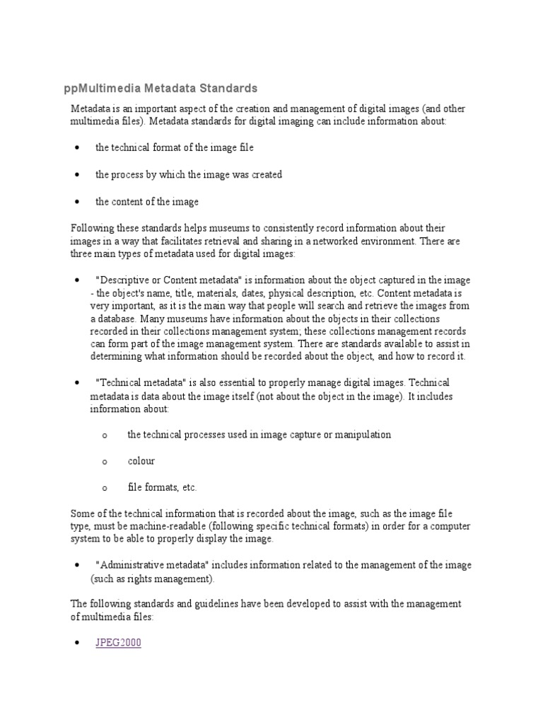 Multimedia Metadata Standards | PDF | Metadata | File Format